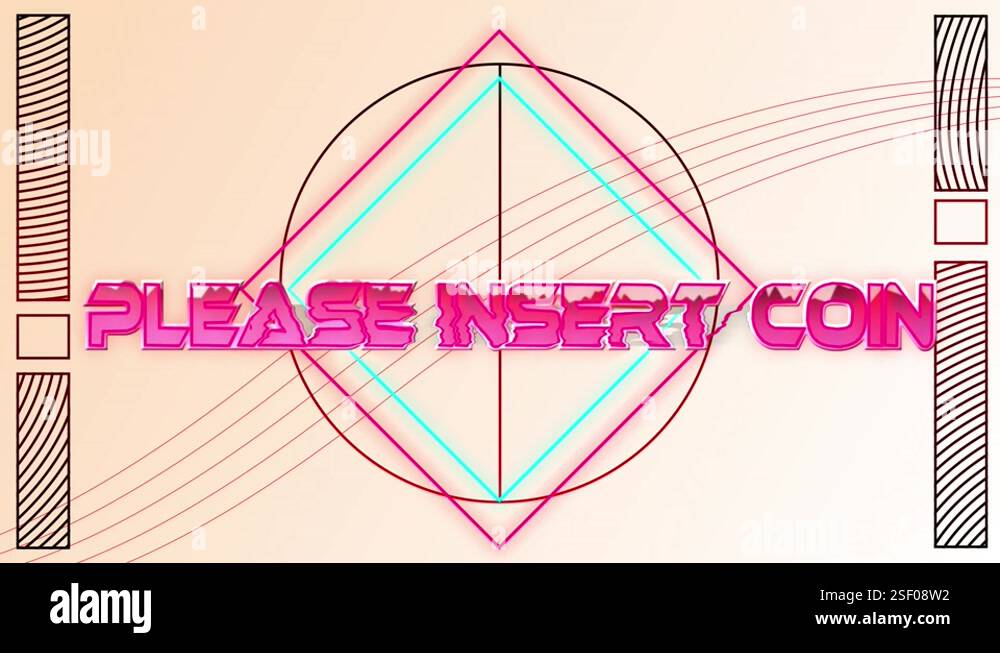 Animation of please insert coin text over neon shapes on white ...