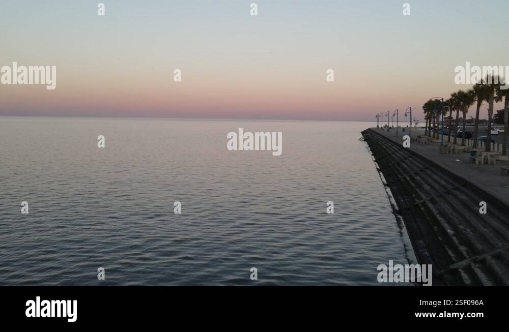 Flyover Lakefront Stairs At Lakeshore Drive On Sunset In New Orleans ...