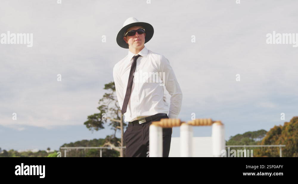 Cricket umpire making signs standing on a cricket pitch Stock Video ...