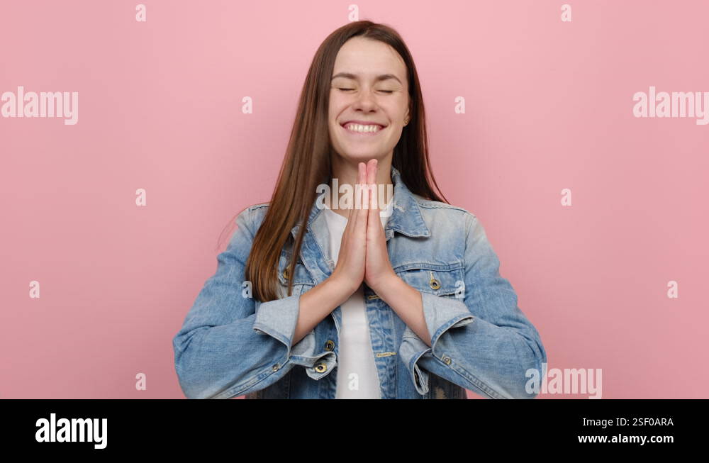 Female hold hands folded in prayer beg about something making wish ...