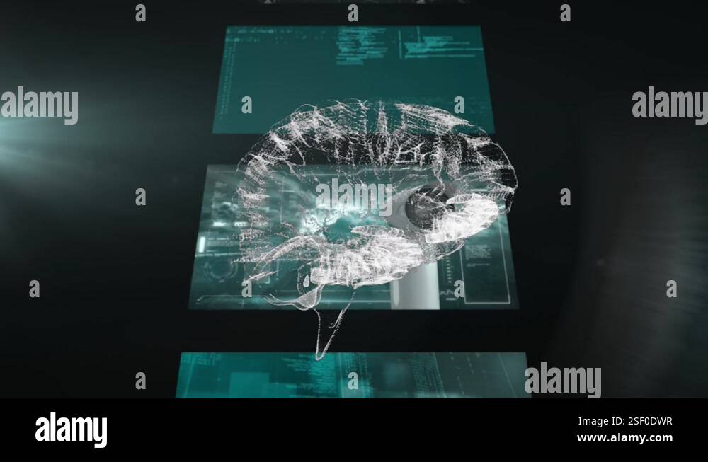 Animation of human brain spinning over screens with scientific data ...