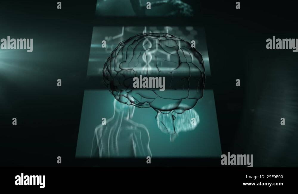 Animation of human brain spinning over screens with scientific data ...