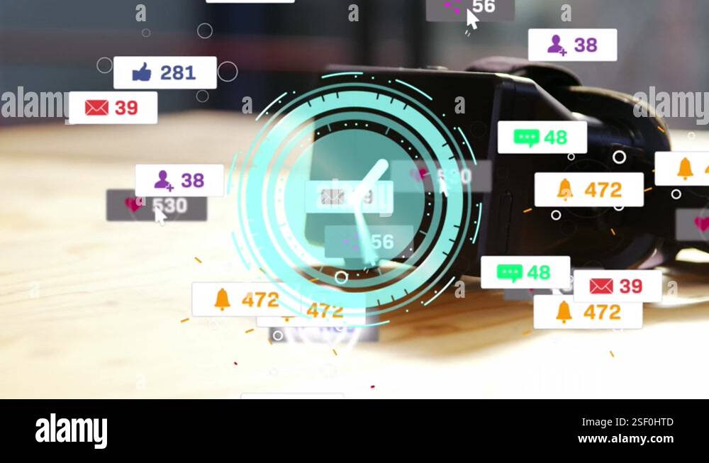 Animation of clock over social media icons and vr headset Stock Video ...