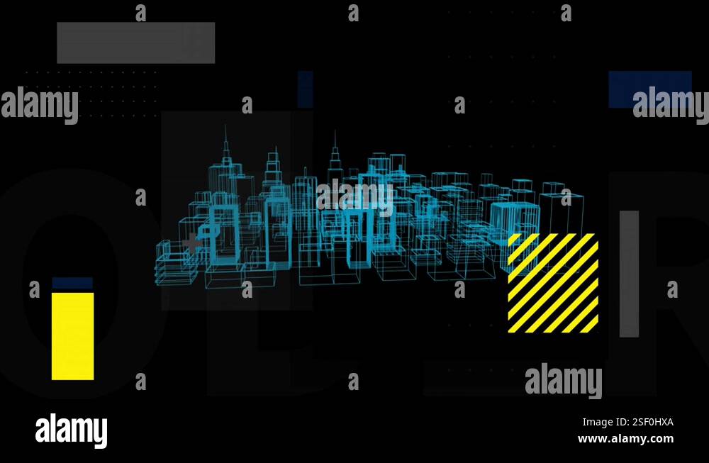 Animation of falling shapes over 3d city drawing spinning on black ...