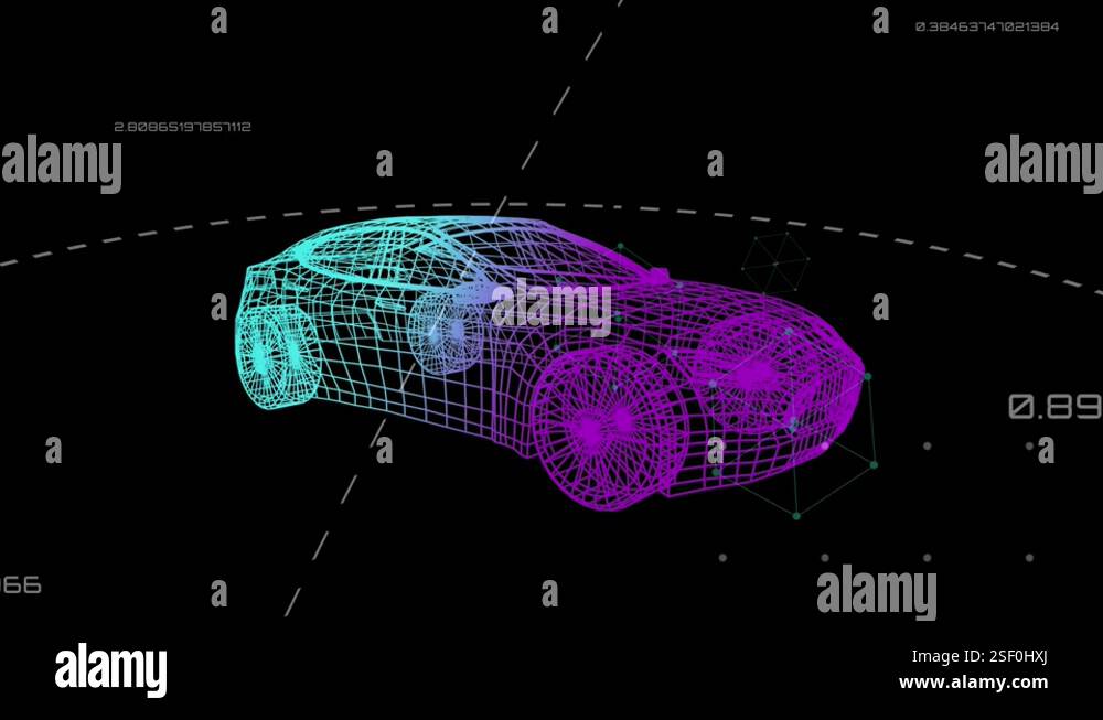 Animation of falling shapes over 3d car drawing spinning on black ...