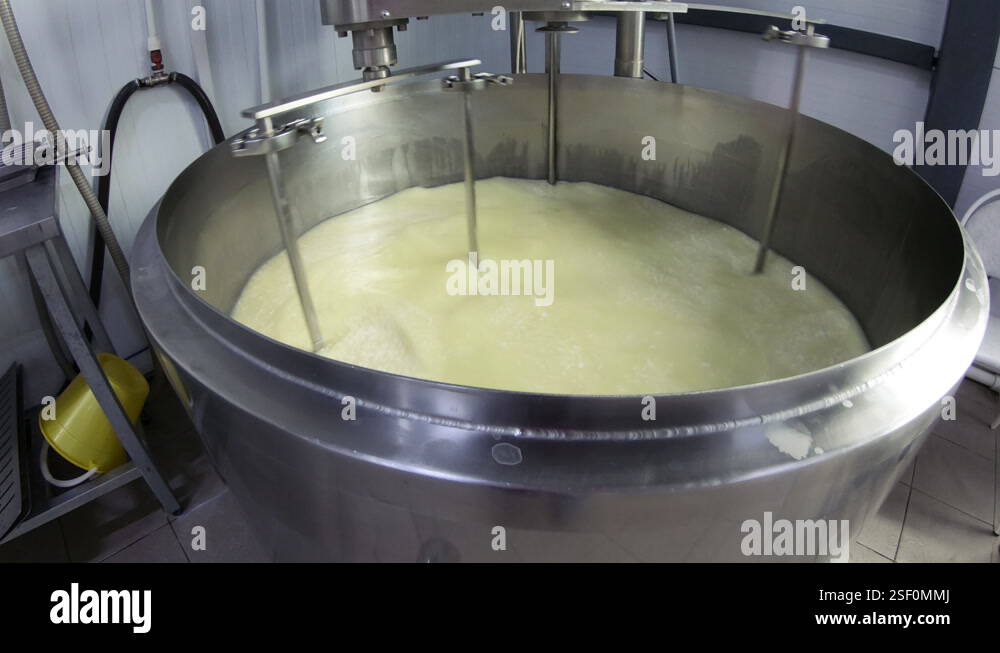 Mixing milk in a cheese factory in a large vat Stock Video Footage - Alamy