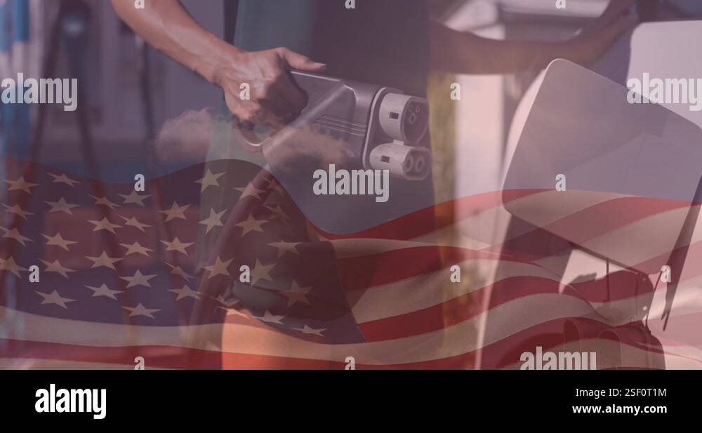 Flag of united states of america over woman charging electric car Stock ...