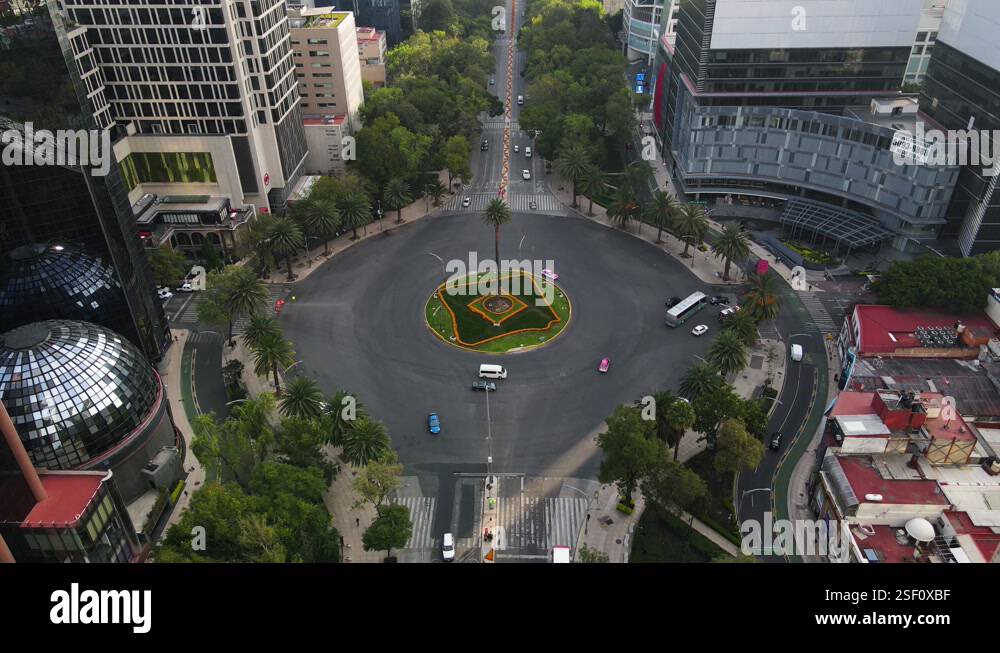 La palma roundabout in Mexico city on aerial footage by drone. Paseo de ...