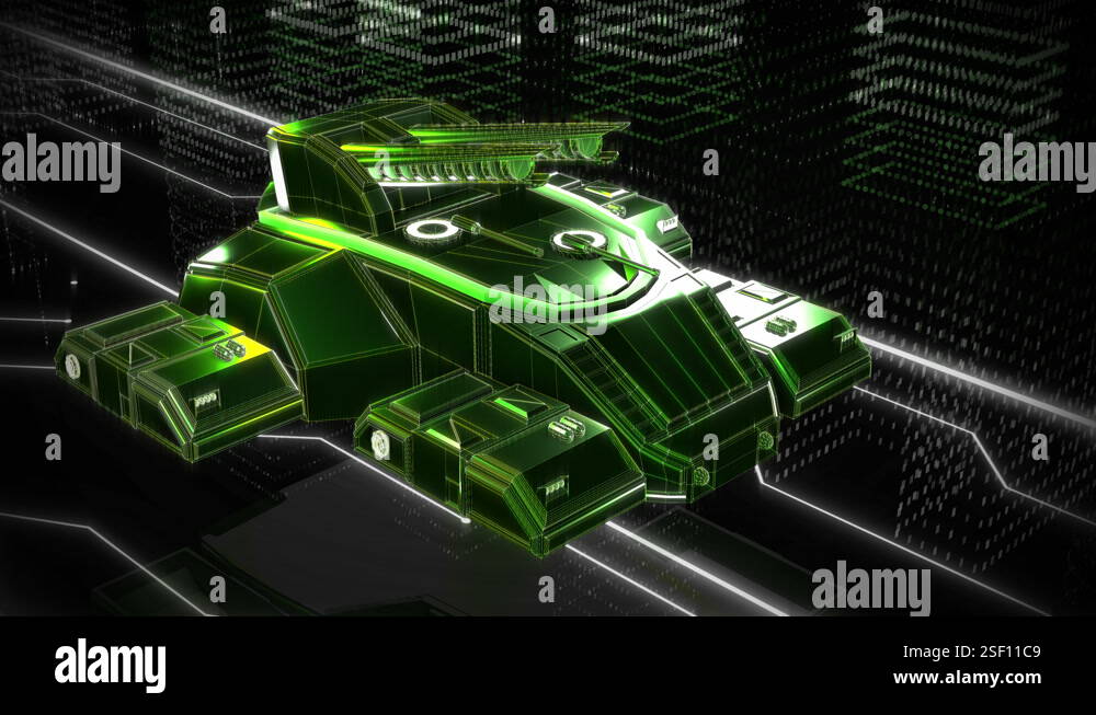 A Hologram of a military tank with lasers driving through the cyber ...