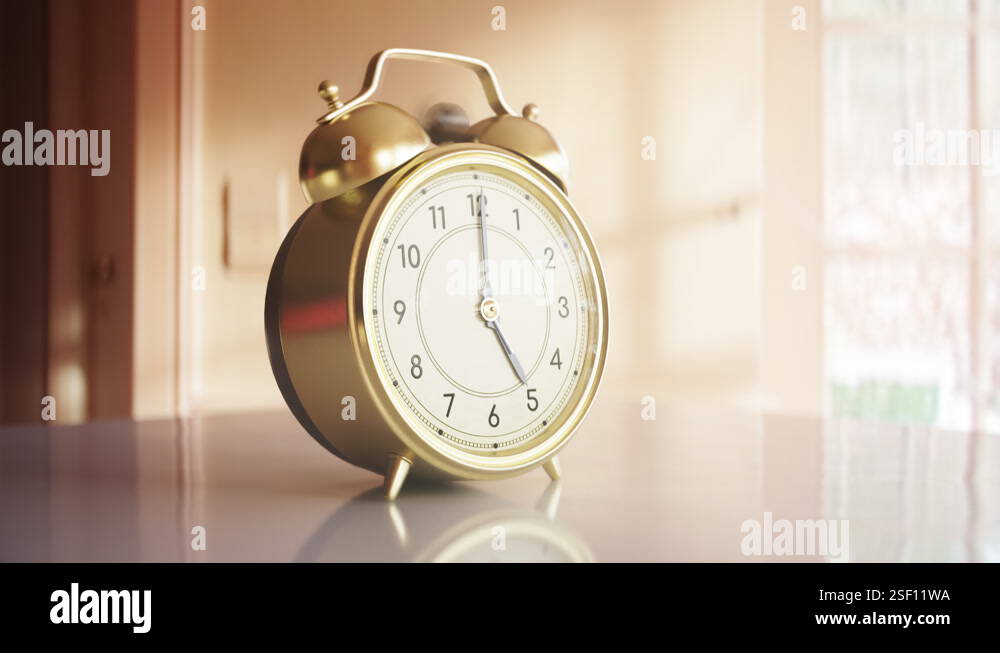 Retro alarm clock going off at 5 o'clock, early morning routine, time ...