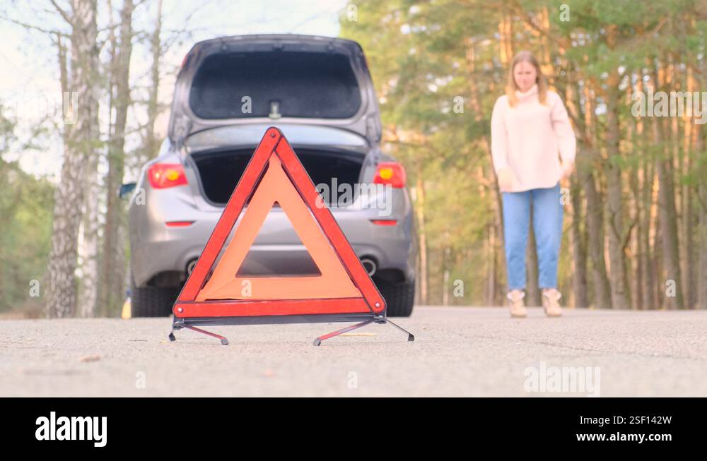 Warning red triangle. Gray car with flashing emergency light along the ...