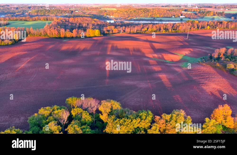 Stunning low aerial view of rural farming landscape Fall sunrise Stock ...