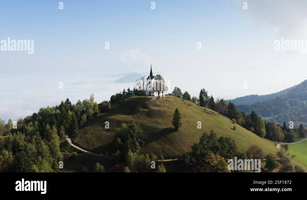 Beautiful Countryside Scenery With Hill And Catholic Church On Top, Sv ...