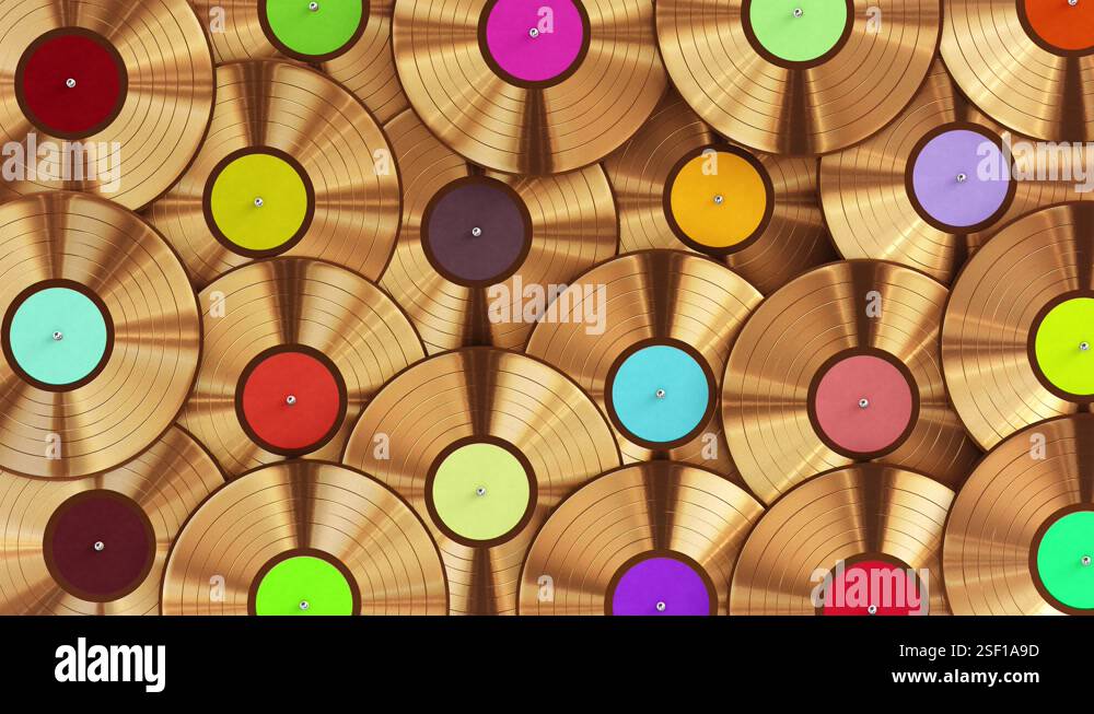 Gold records with colorful labels looping 3D animation Stock Video ...