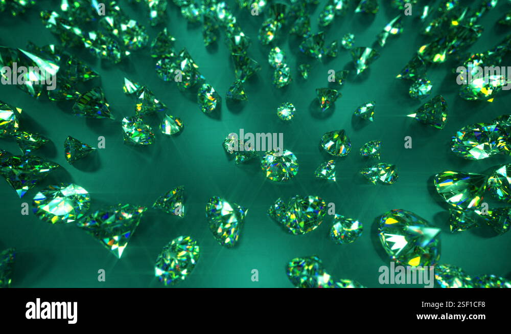 Scattered emerald green brilliants 3D render seamless loop animation ...