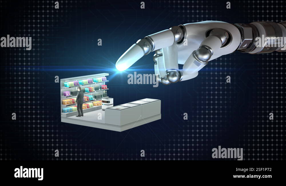 When robot points unmanned smart convenience store. AI robot carries ...