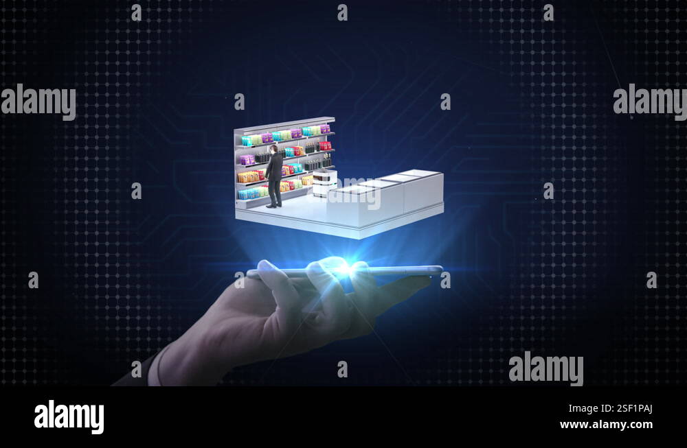 Lifting smart phone, unmanned smart convenience store. AI robot carries ...