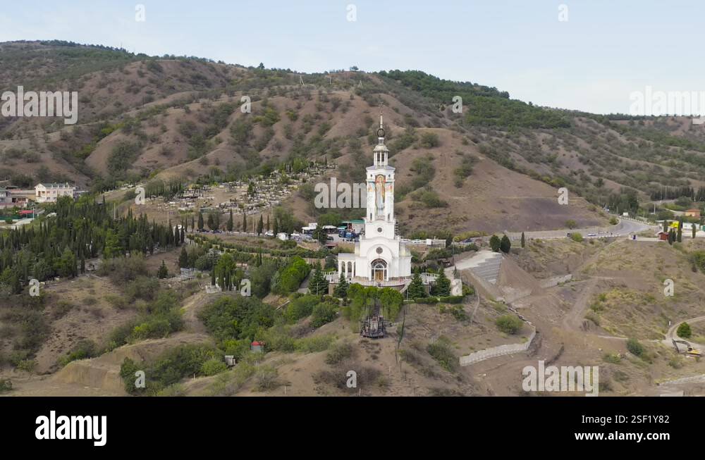 Dolly zoom. Malorechenskoe, Crimea. Temple-lighthouse of St. Mikoli the ...