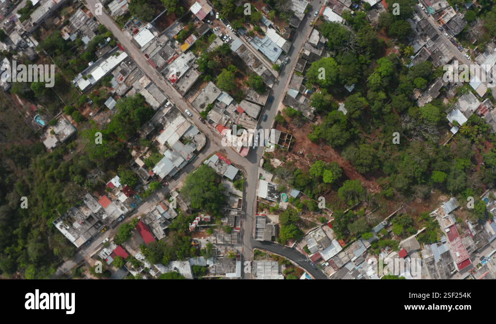 Aerial birds eye overhead top down descending view streets in suburbs ...