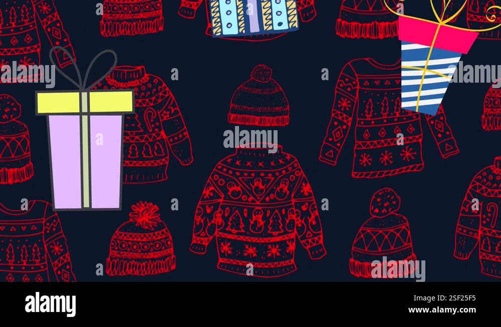 Animation of presents falling over sweaters and caps at christmas Stock ...