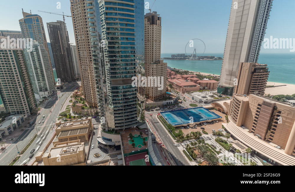 Panoramic view of the Dubai Marina and JBR area and the famous Ferris ...