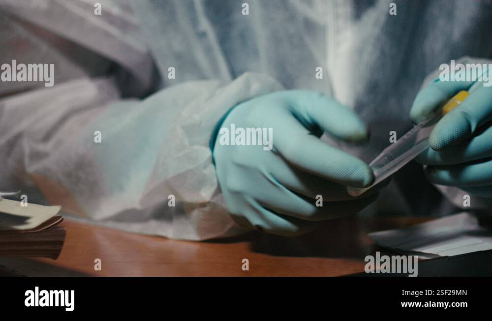 Test tube with crime evidence for forensic analysis, placing sticker ...
