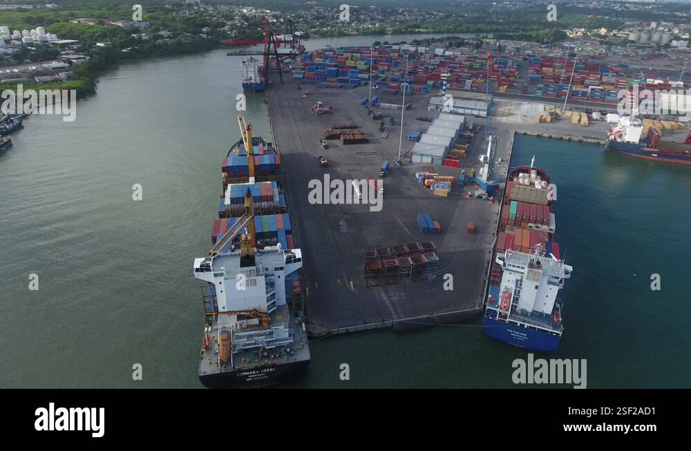 Aerial view of containers on cargo ships in Haina port, Dominican ...