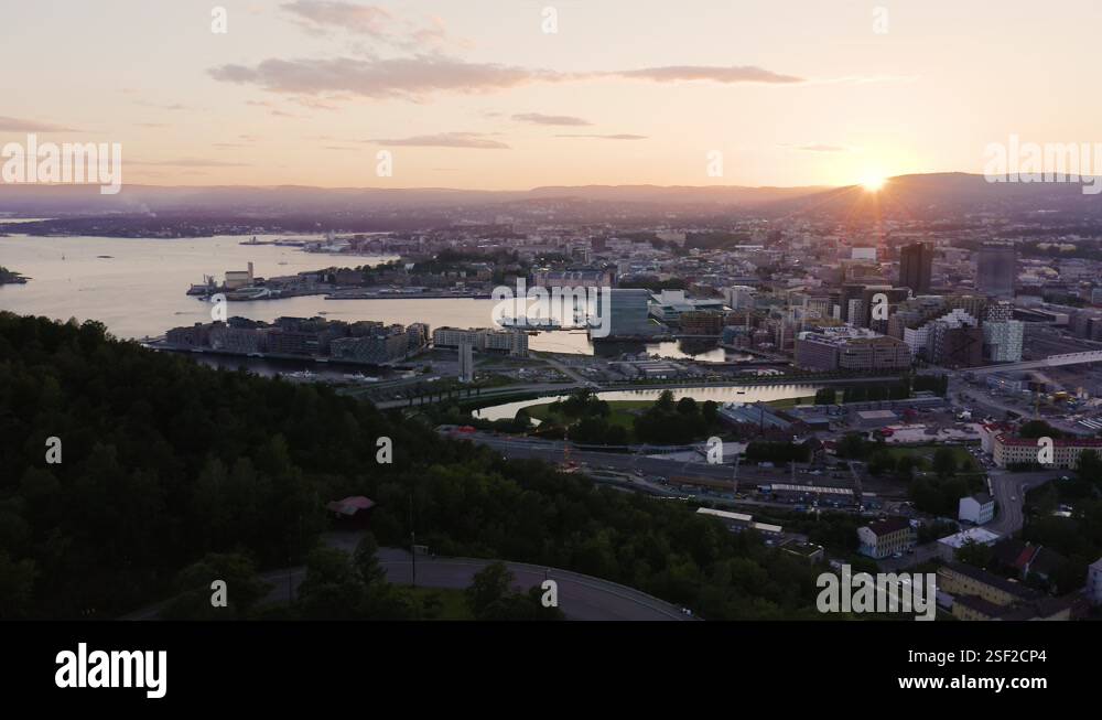 Oslo, Norway. City view during sunset. Back light. The central part of ...