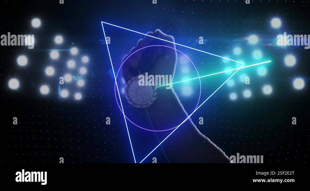 Animation of purple neon scanner processing data over hand holding ...