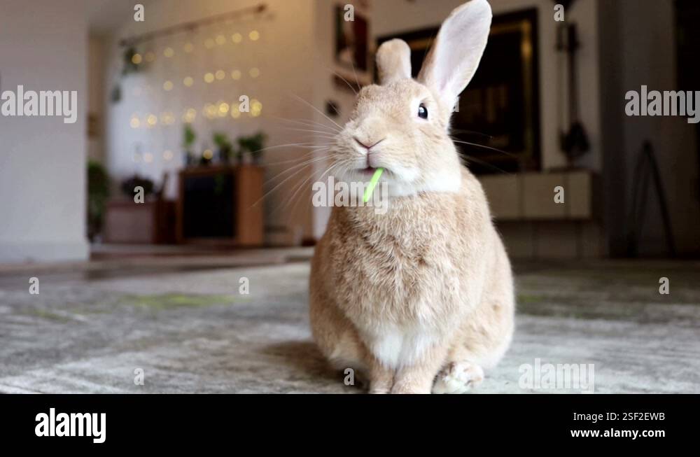 Rufus Rabbit in house on carpet eating curly parsley then looks at ...