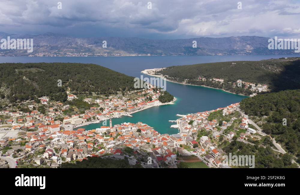 Panoramic View On The Scenic Town Of Pucisca On Island Brac, Croatia ...