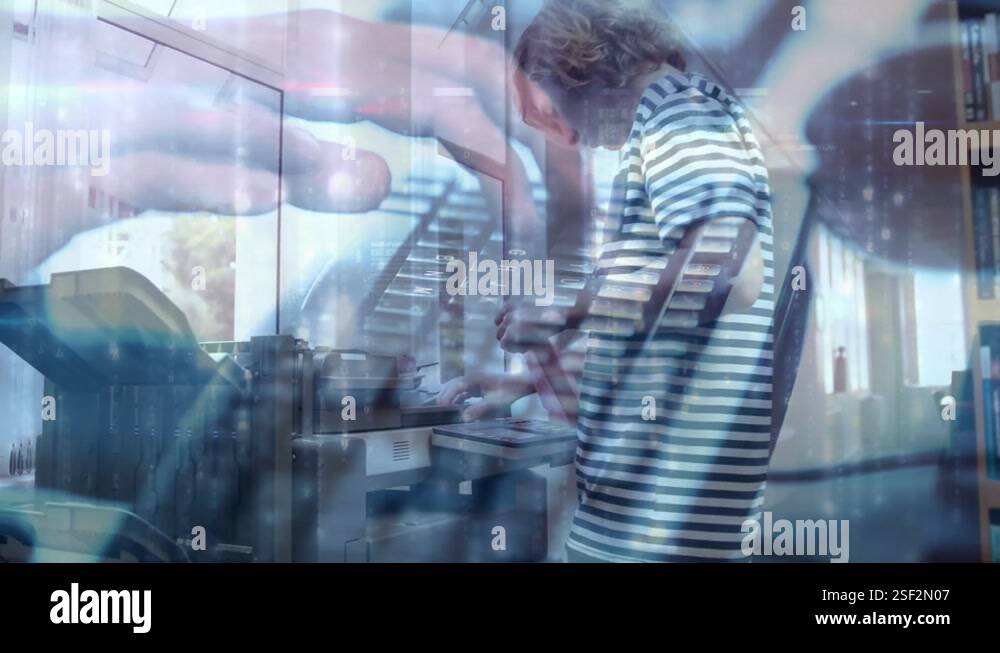 Animation of person typing on computer keyboard over male student using ...