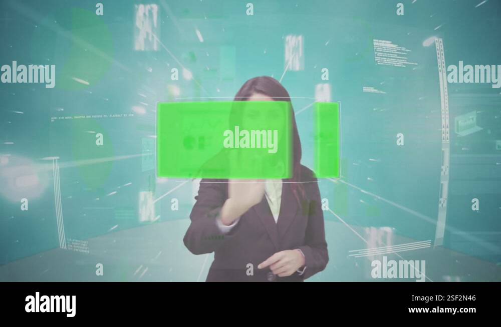 Animation of businesswoman using touchscreen with greenscreen and ...
