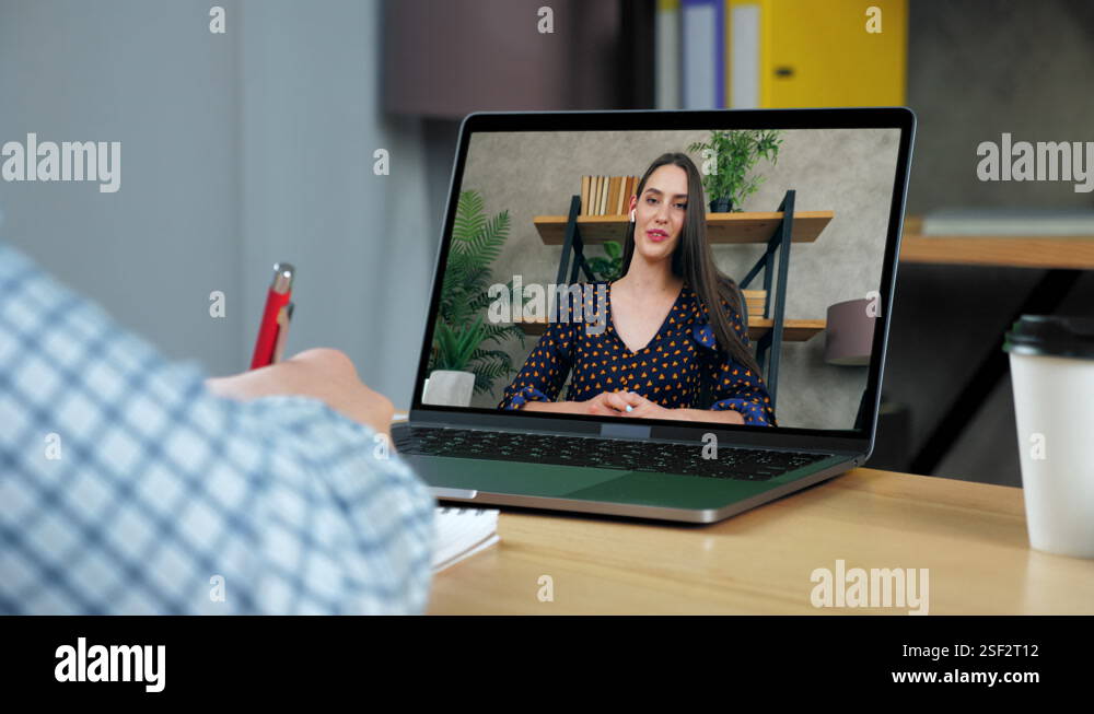 Smiling woman top manager in computer screen talk report director CEO ...
