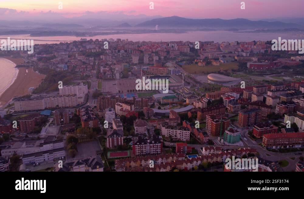 Aerial view at sunset of Santander stadium el sardinero urban building ...