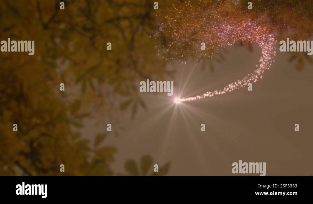 Animation of shooting star and stars falling over tree on brown ...