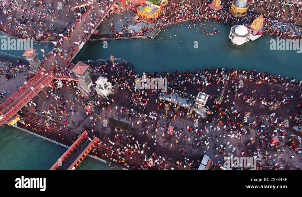 Aerial shot showing crowd of people at Kumbh Mela in Haridwar,India ...