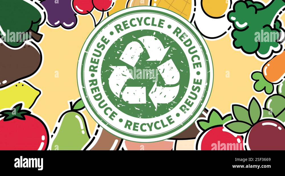 Animation of illustration with reuse and recycle text over fruit and ...
