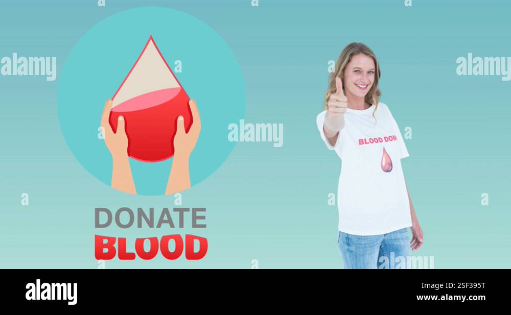 Animation of donate blood text and logo, with smiling woman in blood ...