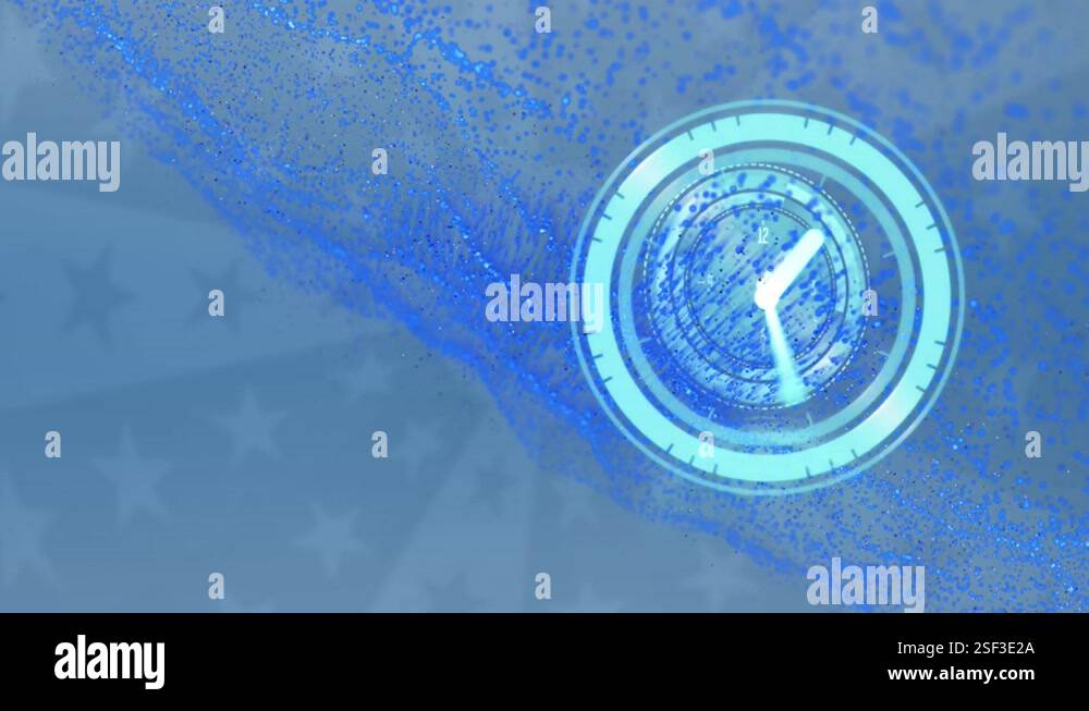 Animation of clock moving fast and scope scanning over stars on blue ...