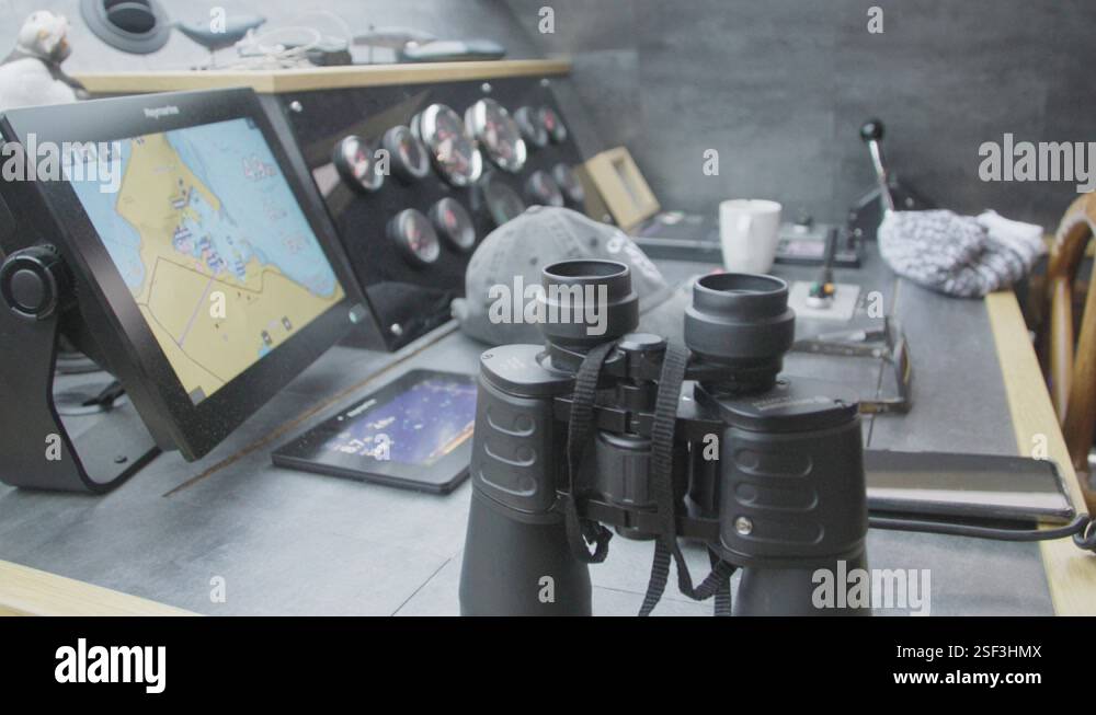 Luxury yacht modern captain bridge with navigation instruments and ...