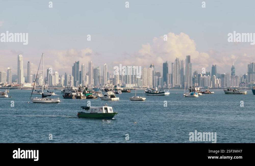 Panoramic view overlooking the boats moored in the Panama Canal marina ...