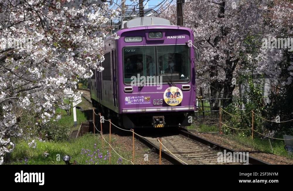 Slow motion of Japanese local train traveling on rail tracks with ...