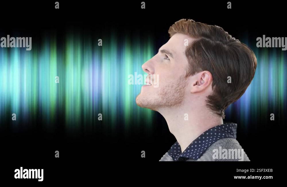 Animation of inquisitive, puzzled man looking around over green lights ...