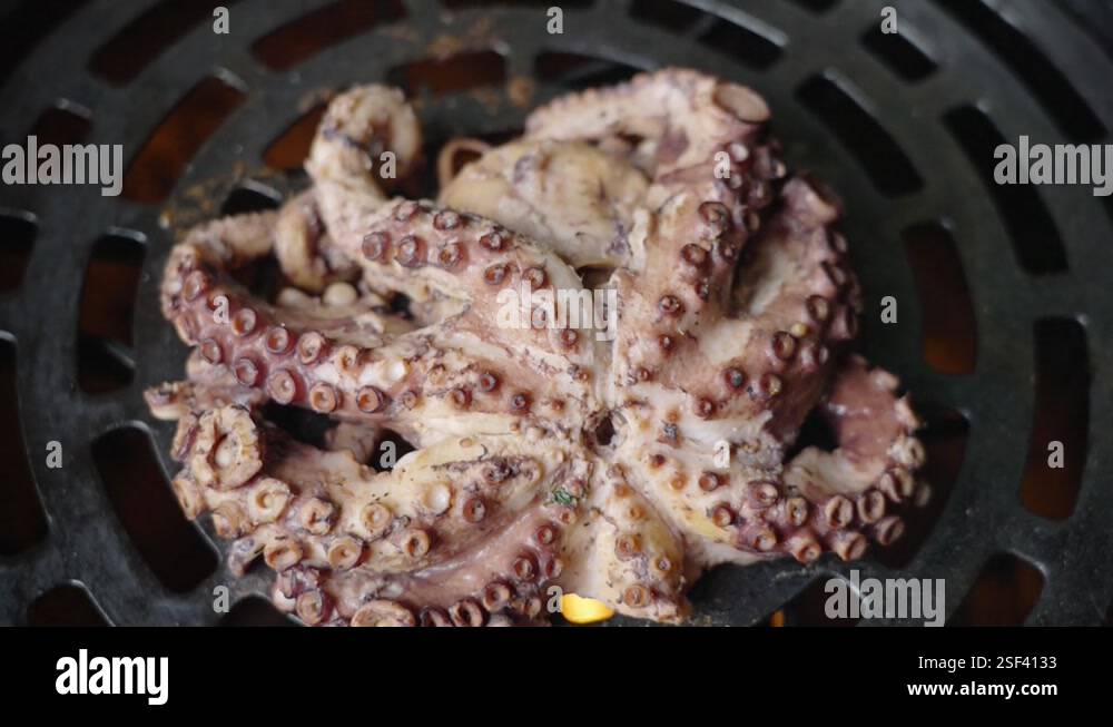 Restaurant gourmet seafood dish preparation, charring delicious octopus ...