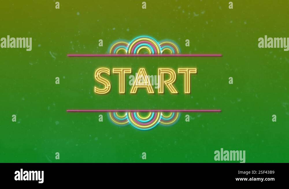 Animation of start text in yellow neon over dirt and scratches on green ...