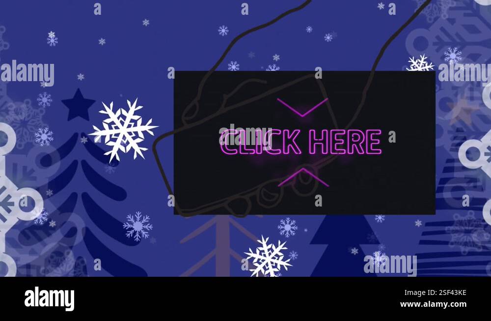 Animation of click here text on screen over snow falling in background Stock Video Footage - Alamy