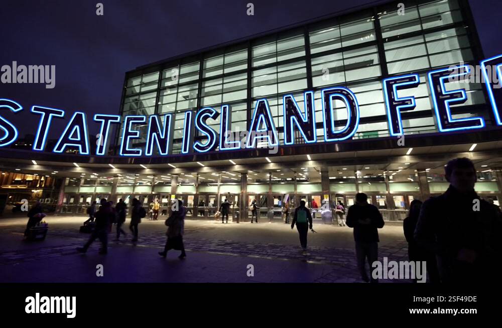 Night 4k panorama Staten Island Ferry Whitehall Terminal Greenmarket ...