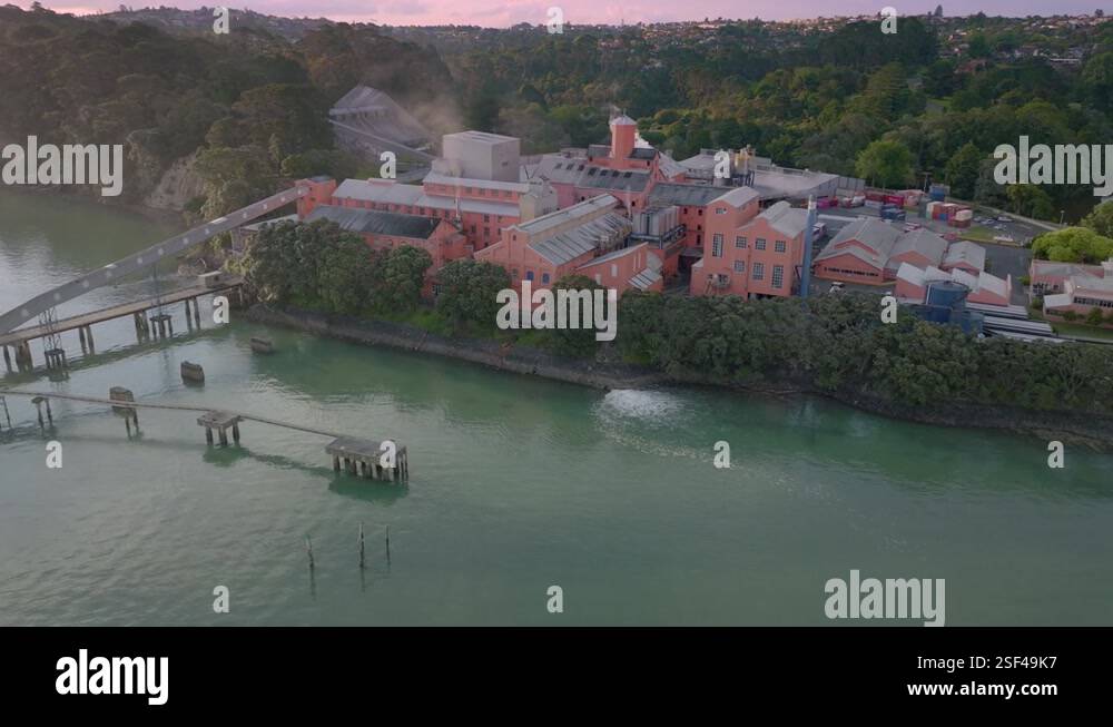 Aerial: Chelsea sugar factory in Birkenhead, Auckland, New Zealand ...