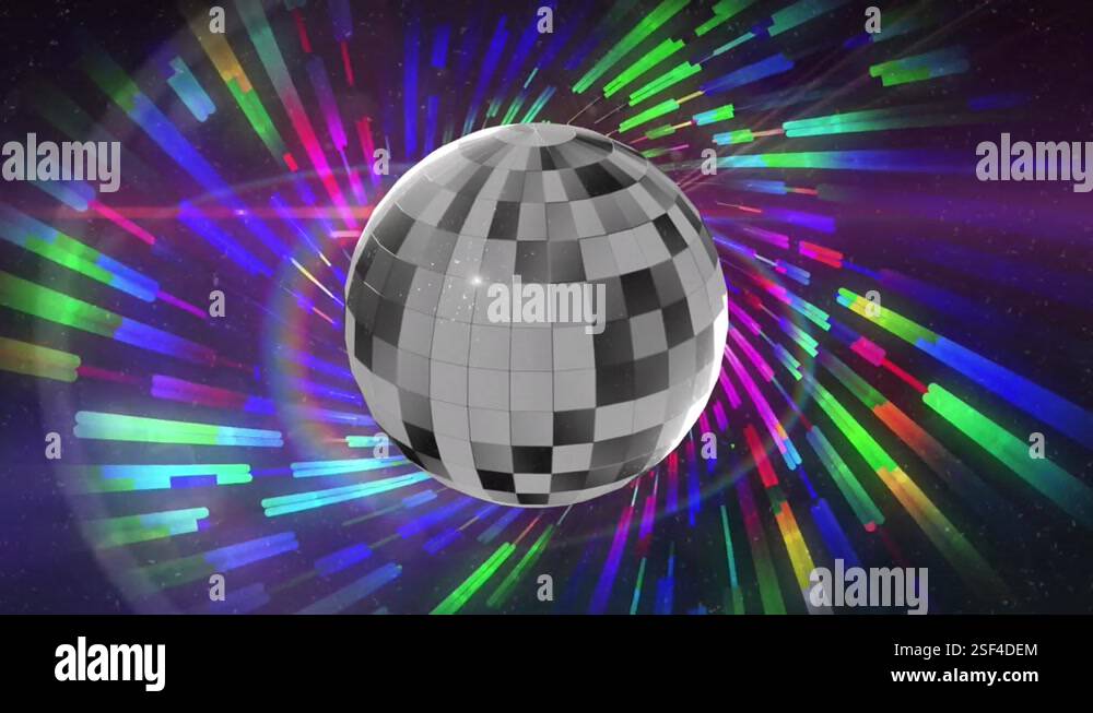 Animation of mirrorball rotating over colourful lights on dark purple ...
